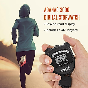 Marathon Adanac 3000 Digital Stopwatch Timer, Black - High Precision Accuracy to 1/100th Seconds - Water, Dust & Shock Resistant - 46” Lanyard Included