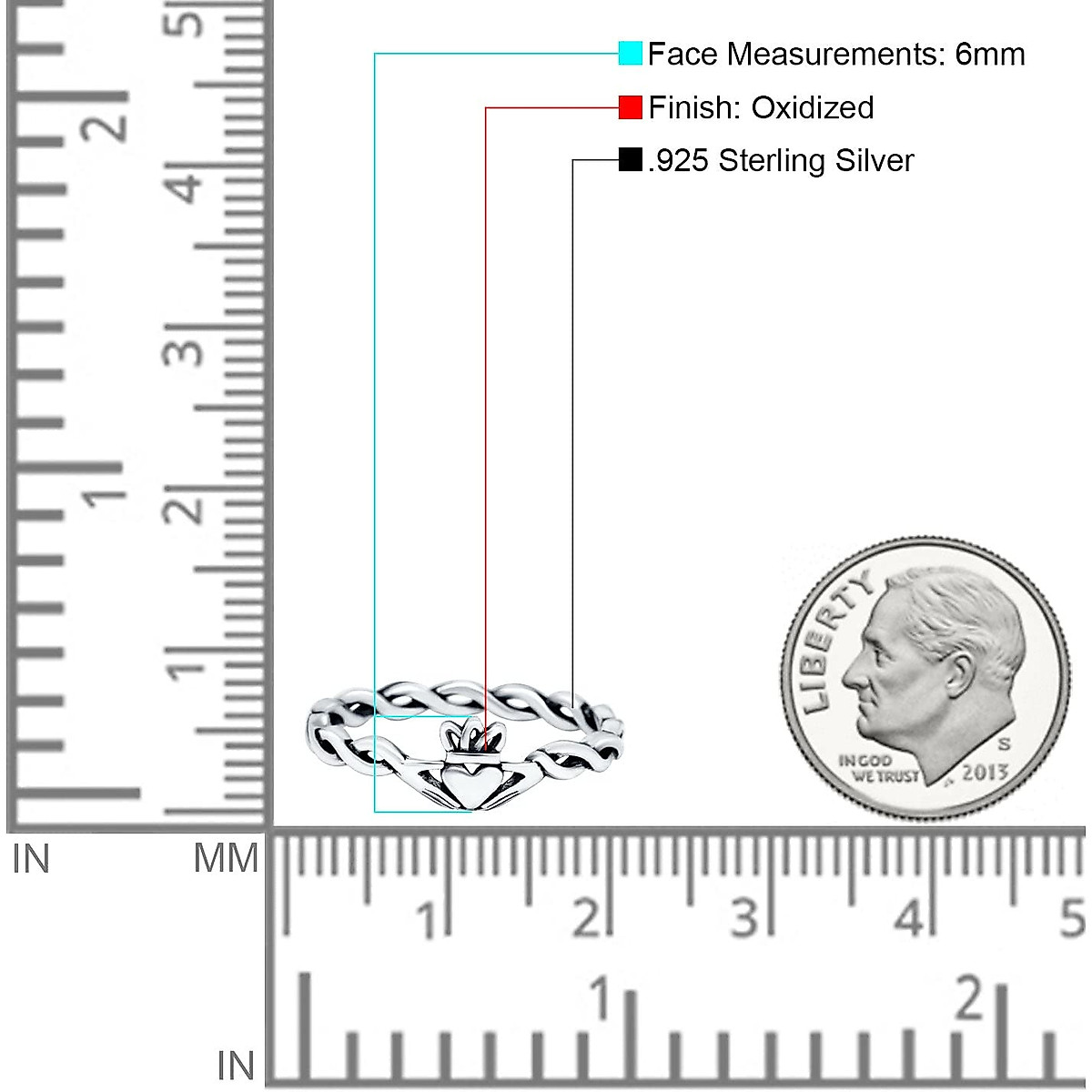 Blue Apple Co. Sterling Silver Size-9 Rope Claddagh Band Oxidized Thumb Ring Round 925 Sterling Silver