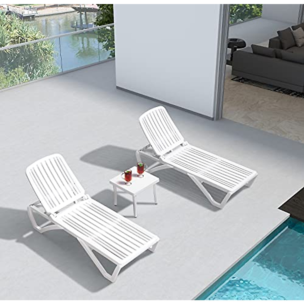 PURPLE LEAF Outdoor Pool Chaise Lounge Plastic Chair Set of 3 Patio Adjustable Lay Flat Recliners Tanning Lounger Chairs with Table for in-Pool Sunbathing Beach Lawn Poolside, White