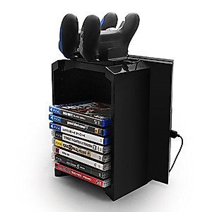 TNP Stand + Controller Charger + Game Storage Organizer - Vertical Dock Charge Charging Station for DualShock Controller, Bluray Game Case Storage Holder Tower 4-in-1 Accessories [Playstation 4]