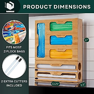YOLYN Ziplock Bag Organizer & Plastic Wrap Dispenser with Cutter - Bamboo Kitchen drawer organizer, Foil & Food Bag Storage Organizer Compatible with Gallon, Quart, Sandwich and Snack Bags