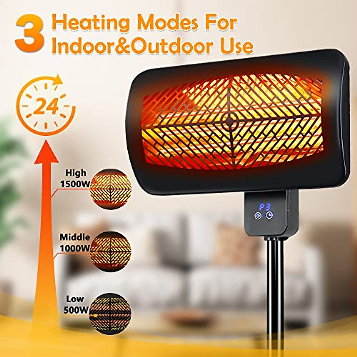 KEY TEK Outdoor patio Heater 1500w Garage Heater With Timer, 3 Modes Fast Heating , Height & Angle Adjustable ,Tip-Over & Overheat Protection, Wall-Mounted/Standing
