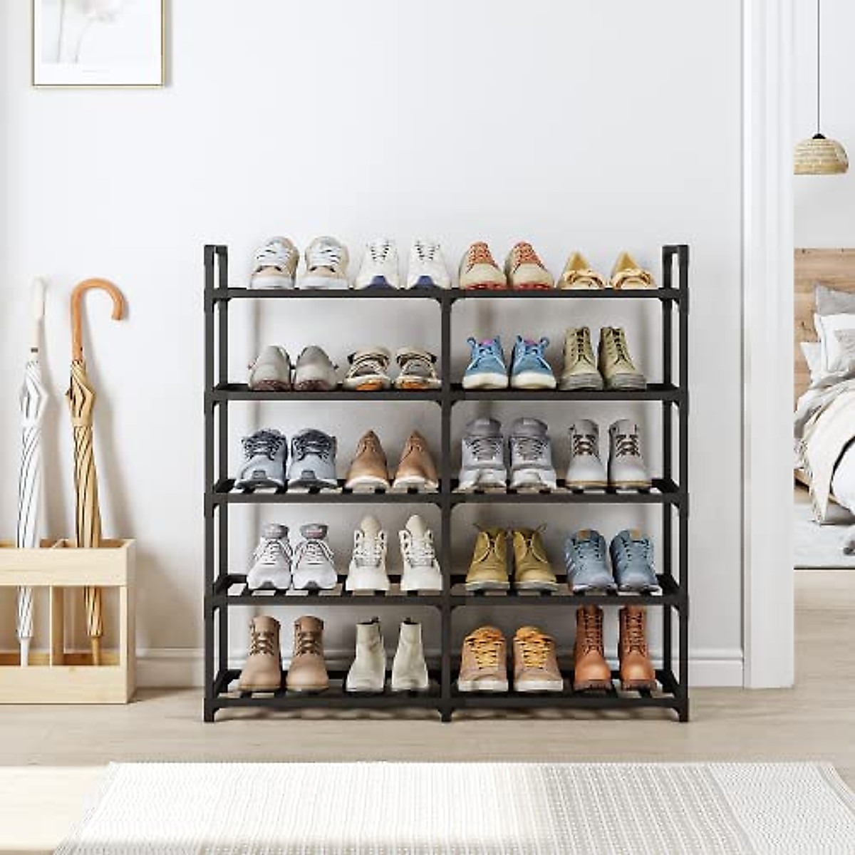 Bambooster 5 Tier Shoe Rack for Closet Free Standing Shoe Organizer Stackable Storage for Entryway Black