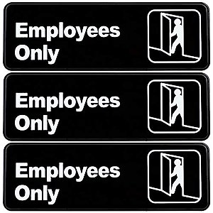 Excello Global Products Employees Only Sign: Easy to Mount Informative Plastic Sign with Symbols 9"x3", Pack of 3 (Black)