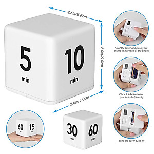 welltop Cube Timer, 2 Pack Kitchen Timer with 4 LED Light Alarm Kids Child Exercise Workout Gravity Sensor Flip Timer for Time Management and Countdown Settings (White - 1 3 5 10 and 15 20 30 60 min)