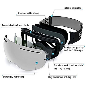 SPOSUNE Ski Goggles Over Glasses - Snow Goggle for Men Women Youth Snowboard Skiing - UV400 Anti-Fog Snowmobile Goggles