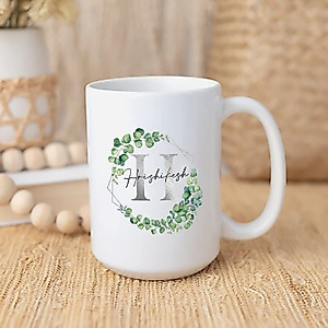 Customized Initial Name Monogram Floral Coffee Mug 11 15 oz, Custom Name Coffee Mug w Letter Alphabet Initial Name Gift For Women Mom Wife Bestie, Personalized Letter Alphabet Initial Leaf Mug Gift