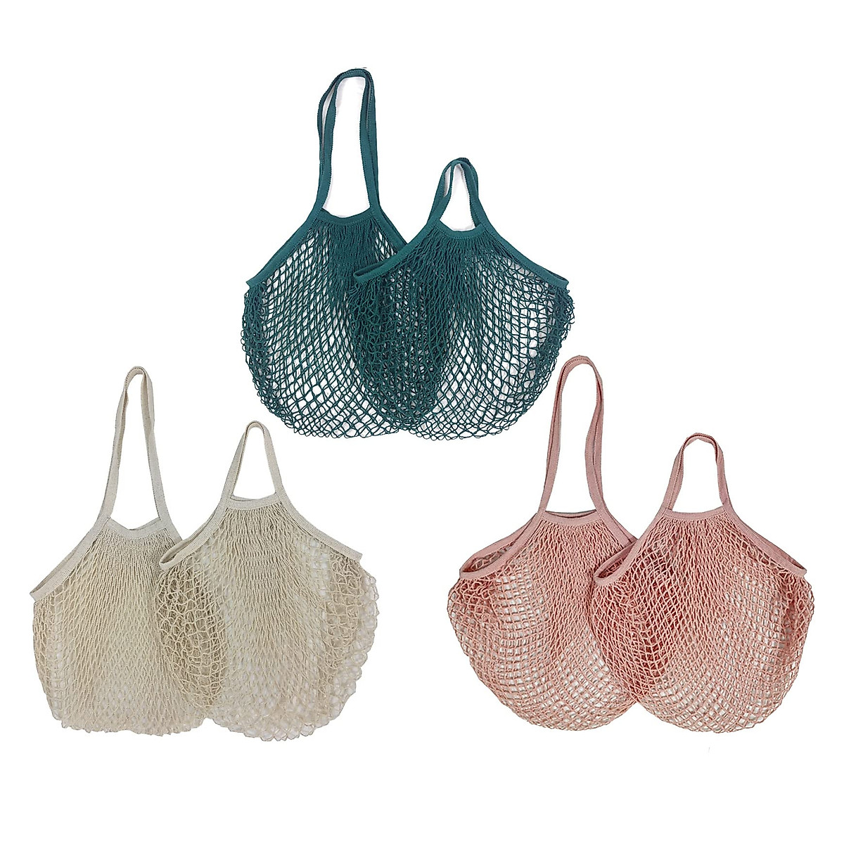 Cotton String Shopping Bags Reusable Washable Grocery Mesh Bags Organizer for Grocery Net Bags with Longhandle for Fruit Vegetable Storage, 6 Pack