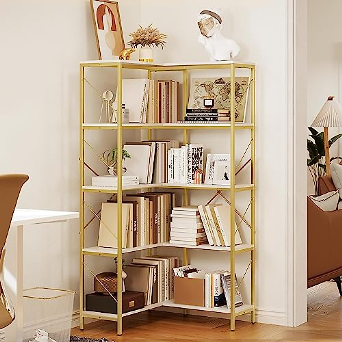 YITAHOME Corner Bookshelf, Gold Corner Shelf 5 Tier Bookcase, Large Display Rack Storage for Bedroom, Living Room, Home Office,White&Gold