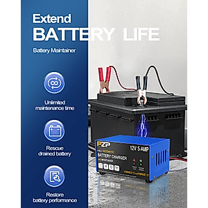 PZ.P 12v Smart Car Battery Charger, 5Amp Fully-Automatic Trickle Charger, Battery Desulfator with Auto Repair, 12 Volt Battery Maintainer, Winter Mode, Suitable for AGM, Deep Cycle, Lawn Mower, RV
