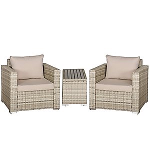 Outsunny 3 Piece Patio Furniture Set, PE Rattan Small Wicker Balcony Furniture, Table & Chairs with Cushions Composite Table, Conversation Set for Apartment, Gray