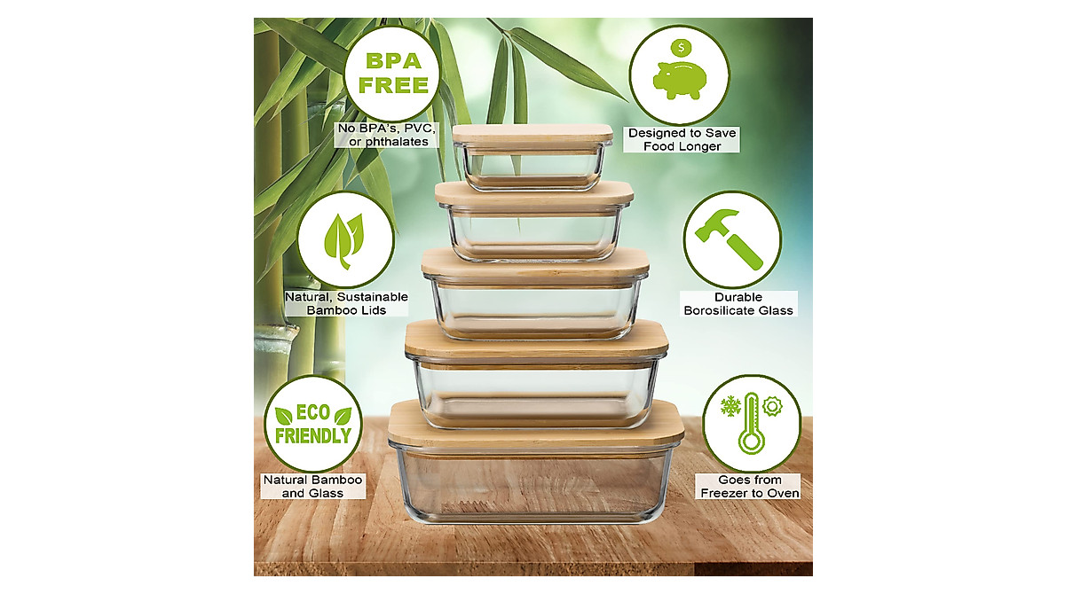 Eco-Friendly Glass Food Storage Containers with Bamboo Lids - Set of 5