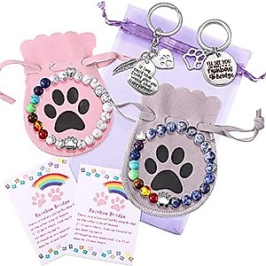 Jadive 9 Pieces Pet Memorial Set Includes 8 mm Rainbow Bridge Bracelet Pet Dog Loss Keychain Rainbow Bridge Poem Card with Flannel Bags and Organza Bag for Women Men Kids Pet Lovers (Classic Style)
