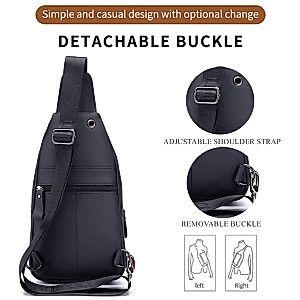 BULLCAPTAIN Genuine Leather Sling Backpack Multi-pocket Chest Bag Crossbody Daypack with Earphone Hole XB-121(Black)