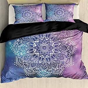 gearider 3Pcs Dreamy Mandala Floral Bohemian Duvet Cover for Teens Girls Adults Galaxy Comforter Cover Set (Mandala-Purple, King)