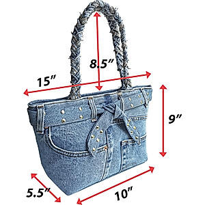 Upcycling Blue Denim Jeans Trapeze Bag Silver Stud Bow-Tied Braided Strap Top-Handle Handbag Purse for Women