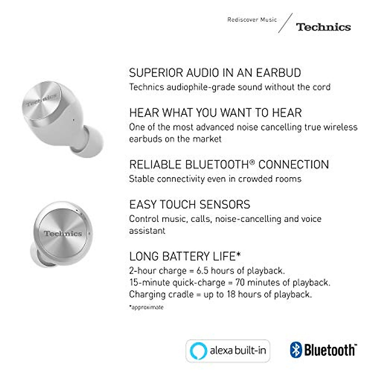 Technics True Wireless Earbuds | Bluetooth Earbuds | Dual Hybrid Technology, Hi-Fi Sound, Compact Design | Alexa Compatible |(EAH-AZ70W-S), Silver (Discontinued by Manufacturer)
