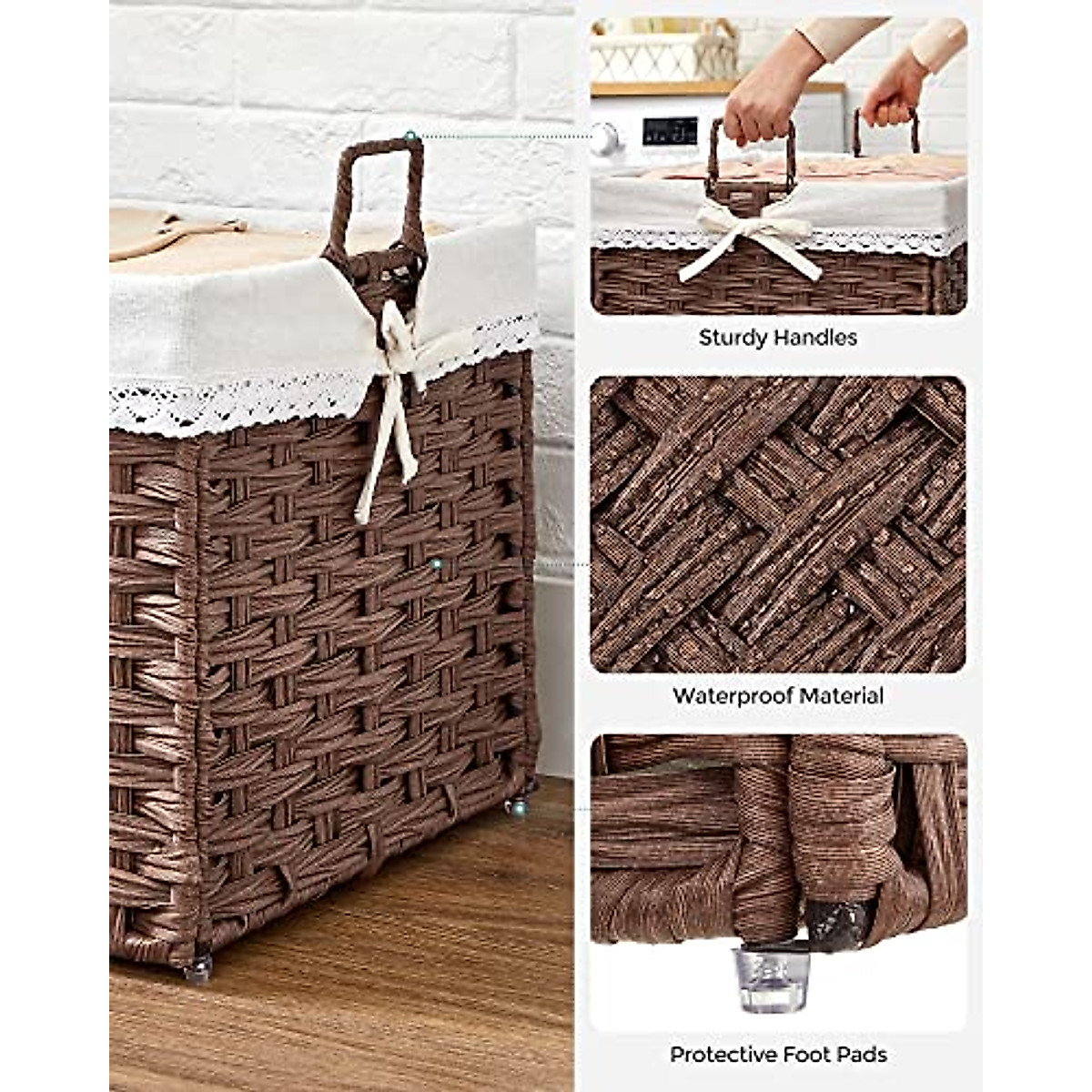 SONGMICS Laundry Basket, Laundry Hamper with 2 Removable Liner Bags & 3 Mesh Laundry Bags, 75L Sturdy Tall Laundry Bin, Freestanding Clothes Hamper with Handles, for Bathroom Dorm, Brown URST375K01