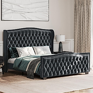 BELLEZE King Headboard Bed Frame with Fast Charging Port, Upholstered Platform Bed Frame with Handmade Button Tufted Headboard, Stable Noise-Free Bedroom Bed, No Box Spring Needed - Oslo (Gray)