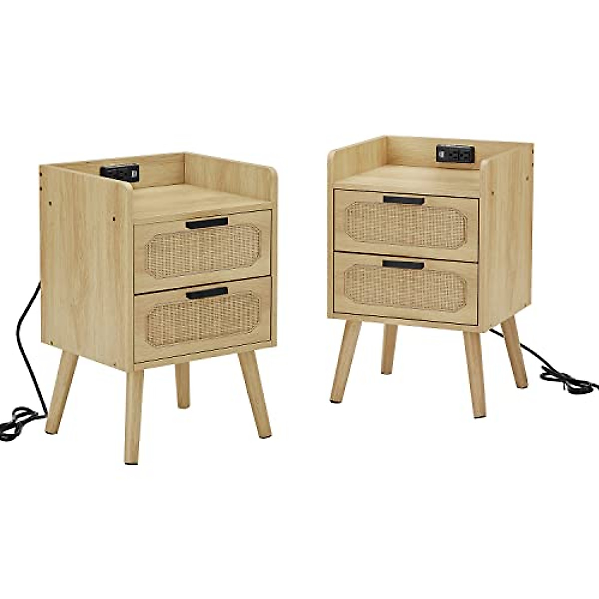 Duitrc Nightstand, End Table, Side Table with Charging Station & 2 Hand Made Rattan Decorated Drawers, Nightstands Set of 2, Wood Accent Table with Solid Wood Feet, with Open Storage, Natural, 2 Pack