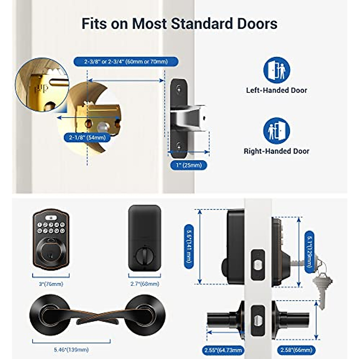 Veise Fingerprint Door Lock with 2 Lever Handles - Keyless Entry Door Lock, Electronic Keypad Deadbolt & Front Door Lock Handle Sets, Auto Lock & 1 Touch Locking, Easy Installation, Oil Rubbed Bronze