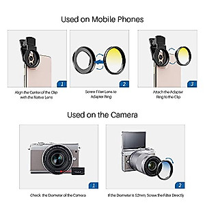 Apexel 52mm Filter Lens Kit (Graduated Filter Lens-Red Orange Yellow Blue, CPL, ND32, Star Lens-6 Point) for Smartphone Camera Canon Nikon Sony Olympus