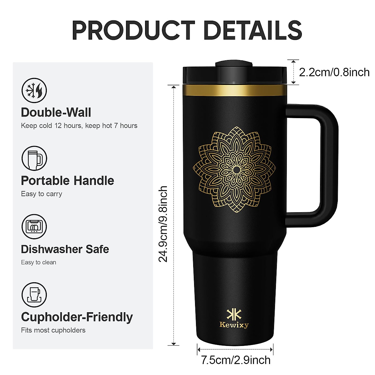 KEWIXY 40 oz Tumbler With Handle and Straw, Gloss Insulated Travel Tumbler, Fits in Cup Holder, Travel Coffee Mug with Lid, Included Leak Proof Straw Cover -Petal Focus