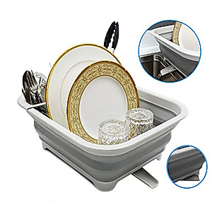 SAMMART 8.5L (2.2 Gallon) Collapsible Dish Drainer with Swivel Spout - Foldable Drying Rack - Portable Dinnerware Organizer - Space Saving Kitchen Storage Tray (1, Grey)