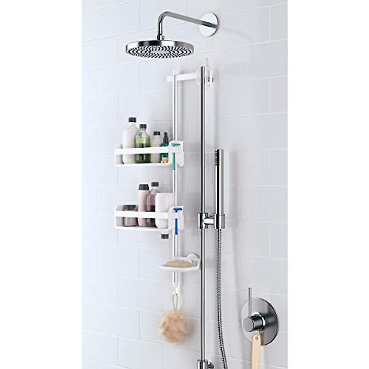 Umbra Flipside Flex Pole Shower Caddy, Adjustable Shower Caddy with Flex Gel-Lock Technology, Works on Rail and Hand-Held Showers, White/Nickel Finish