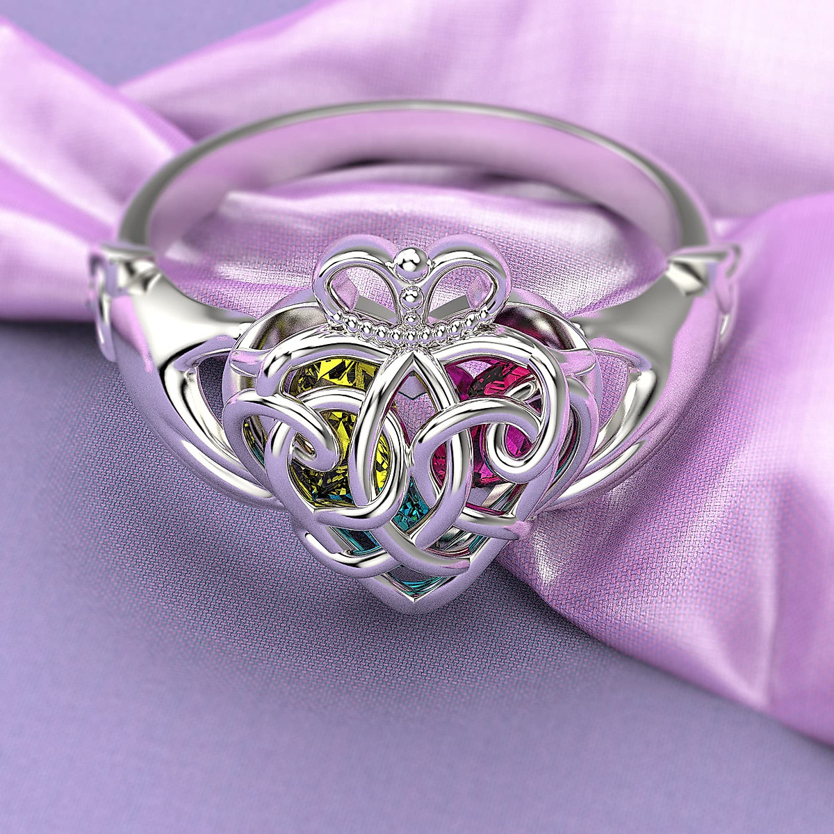 YUOTO Claddagh Rings For Women,Birthstone Rings Sterling Silver Personalized Name,Caged Locket Heart Irish Rings Engraved Bands With Names For Teen Girls Women Love Wedding