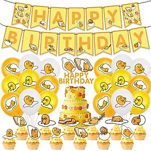 32Pcs Gudetama Birthday Party Supplies Party Favors Set For Kids Gudetama Cake Topper Cupcake Toppers Banner Balloons For Gudetama Birthday Party Decorations