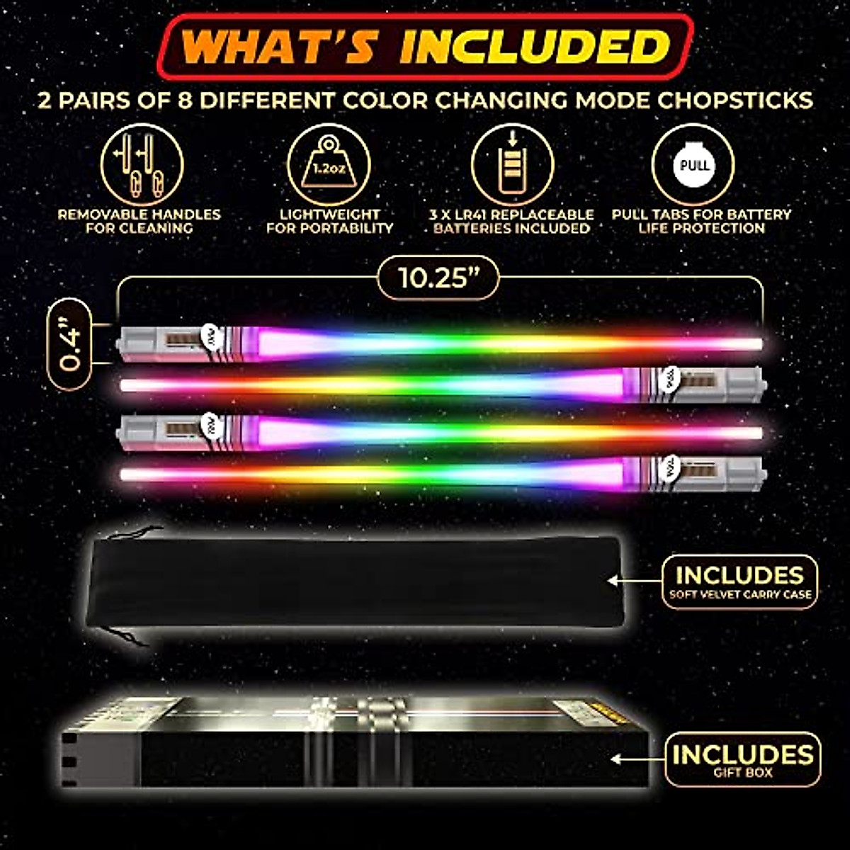 LIGHTSABER CHOPSTICKS LIGHT UP STAR WARS LED Glowing Light Saber Chop Sticks REUSABLE Sushi Lightup Sabers Removable Handle Dishwasher Safe 8 Color Modes 2 Pairs