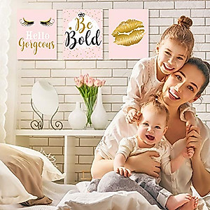 Inspiration Wall Decor, 9 Pieces Bedroom Decor for Women, Pink and Gold Makeup Lash Lips Wall Art Poster, Motivational Quotes Fashion Prints for Women Bathroom Home Decor, 8 x 10 Inch, Unframed