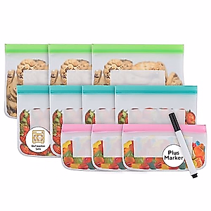 Bssential Reusable Food Silicone Storage Bags with Marker Included - 10 Pack (3 Reusable Gallon Bags + 4 Leakproof Reusable Sandwich Bags + 3 Food Grade Snack Bags) Dishwasher Safe, Leakproof Sandwich Bags, Bags for Lunch, Food Containers & Travel Essenti