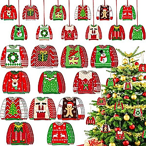 Tegeme 48 Pieces Christmas Ugly Sweater Ornaments Xmas Felt Tacky Tree Decorations Hanging for Pendant Tag with Ropes Winter Holiday Party Favors (Vivid Style)