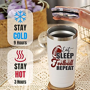Onebttl Football Lovers Gifts, Funny American Football Gifts for Coach, Men, Dad on Birthday Christmas, 20oz Stainless Steel Tumbler, White, Eat Sleep Football Repeat