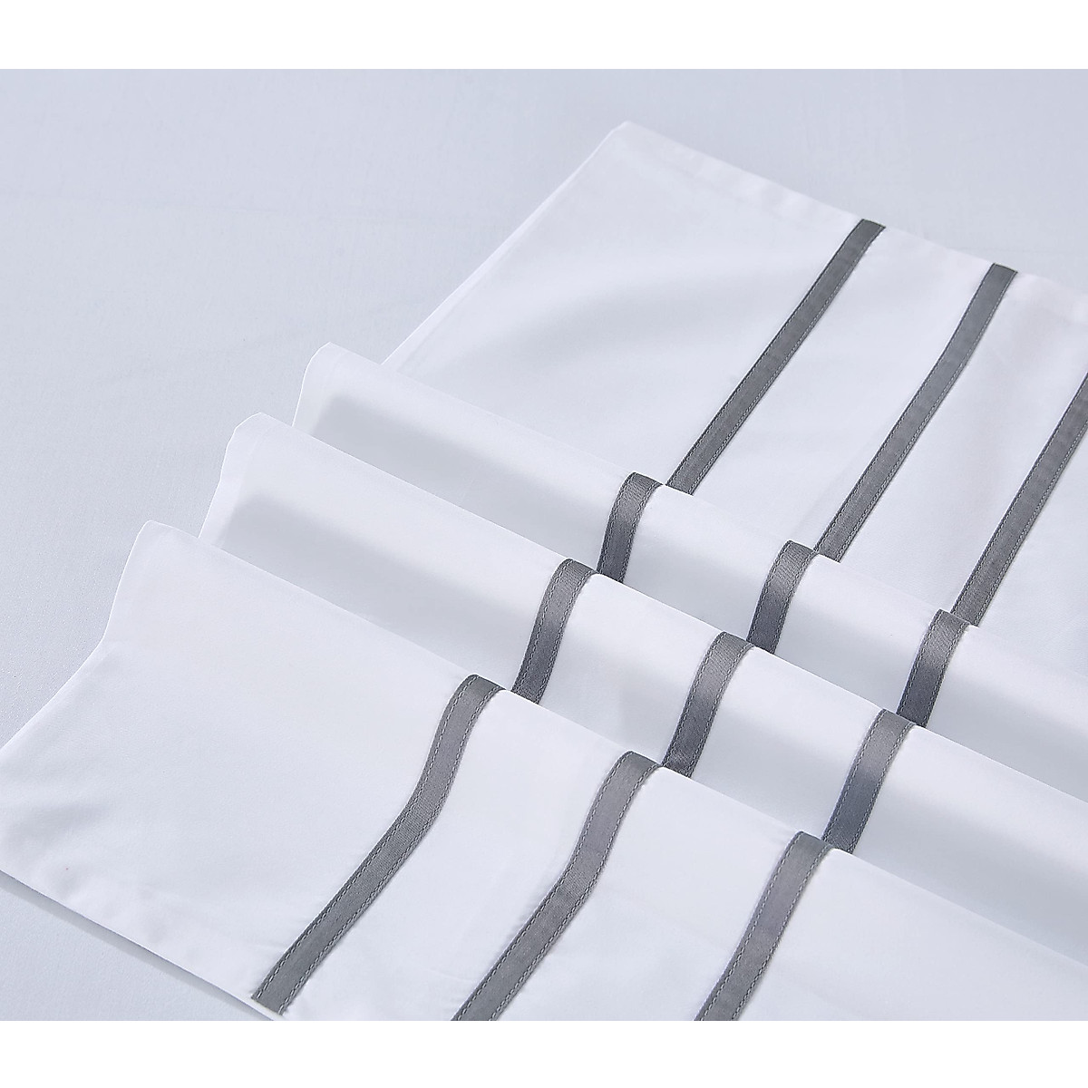 MengBoo Karen 3 Pieces White Duvet Cover Set Without Filling Grey Stripe Trim 100% Egyptian Cotton 300 Thread Count Soft Sateen Hotel Collection Zipper Closure Corner Ties (White Grey, Queen)…