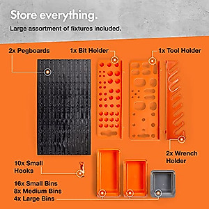VonHaus 44 Piece Wall Mounted Pegboard Hook, Storage Bins and Panel Set - DIY Garage Storage Wall Mount System with Rack and Bin Accessories - Tool, Parts and Craft Organizer
