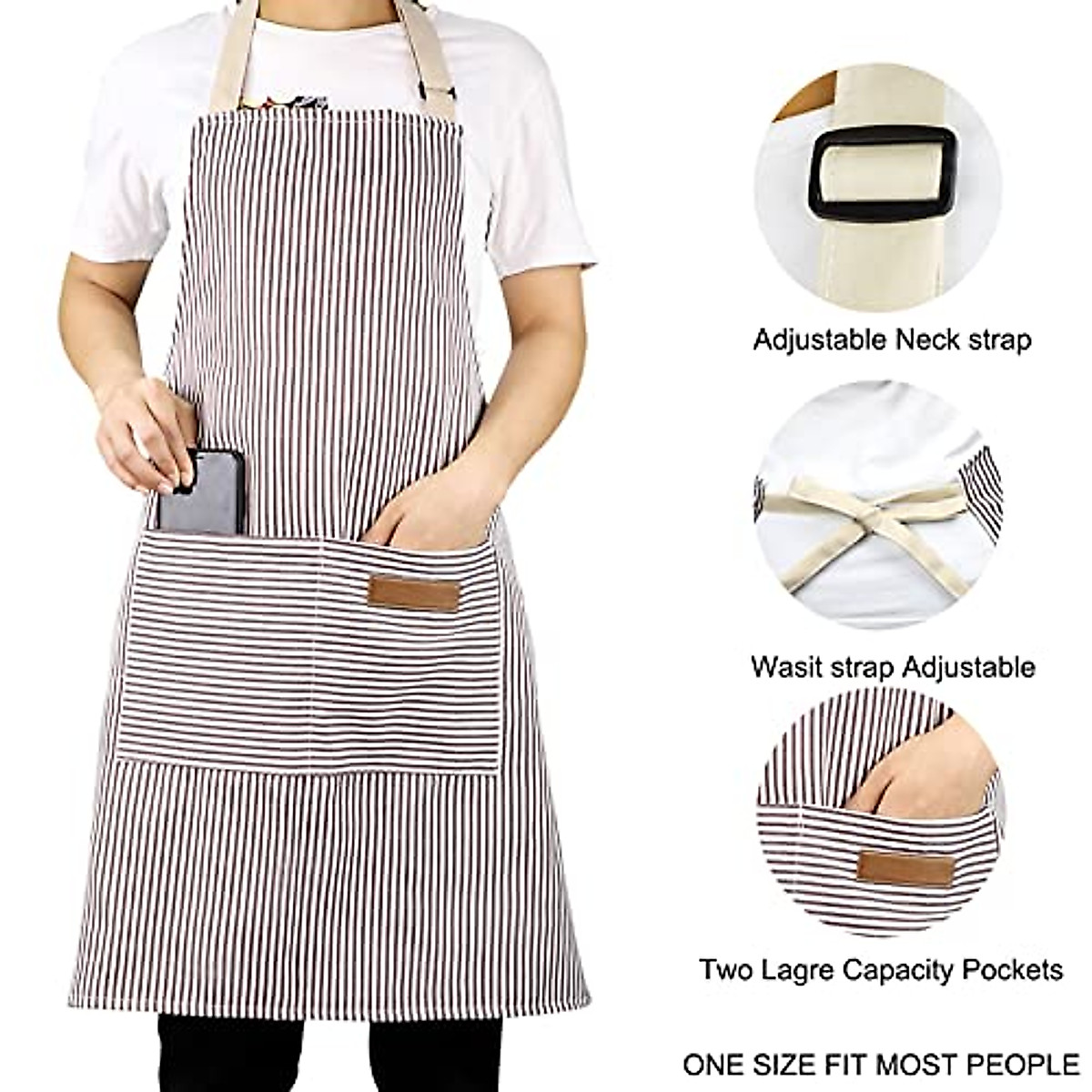 2 Pack Apron, Cotton Cooking Kitchen Aprons, Adjustable Bib Apron with 2 Pockets for Men Women Chef Aprons,(Black/Brown Stripes)