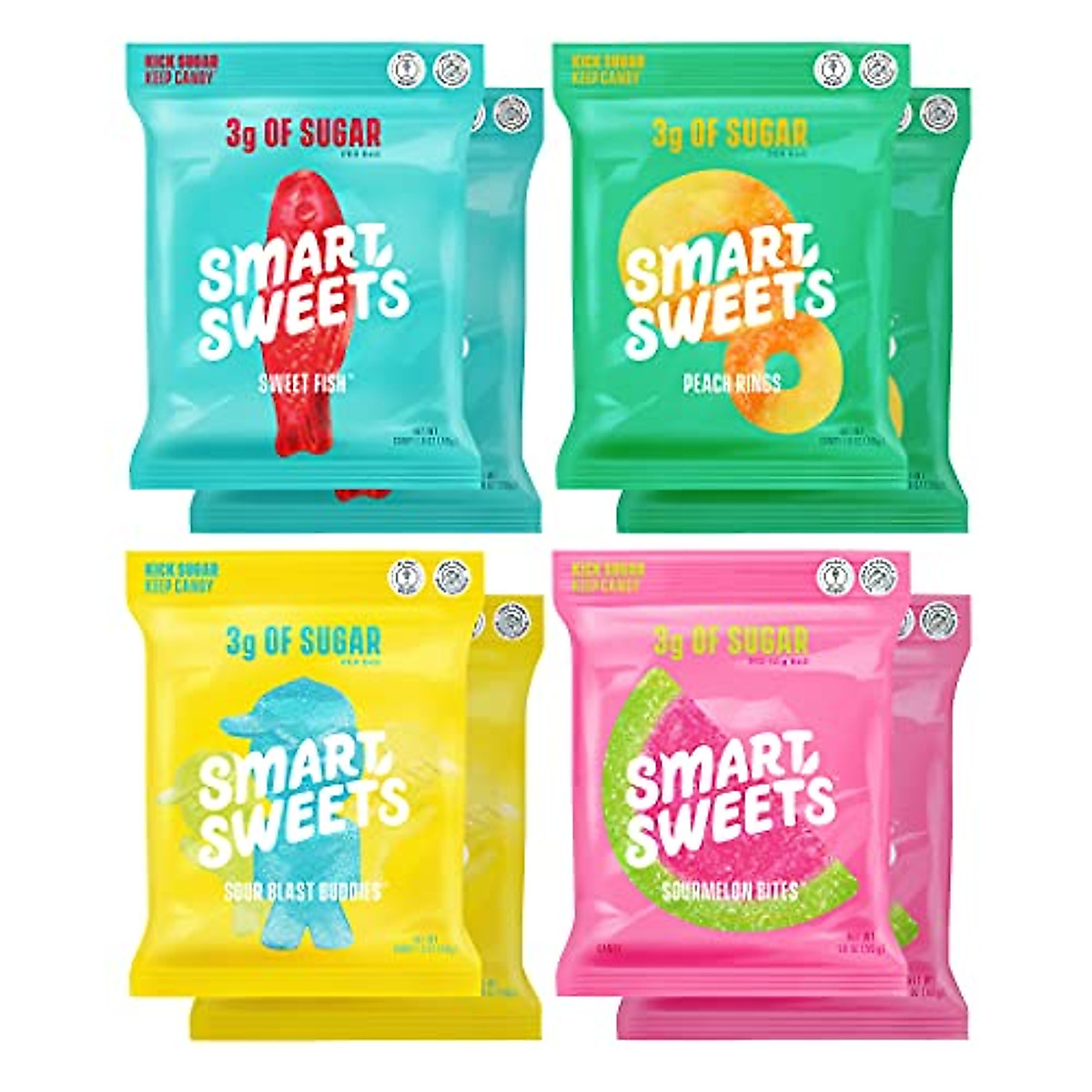 SmartSweets Variety Pack, 1.8oz (Pack of 8), Candy With Low Sugar & Calorie, Healthy Snacks For Kids & Adults - Sweet Fish, Sourmelon Bites, Peach Rings, Sour Blast Buddies