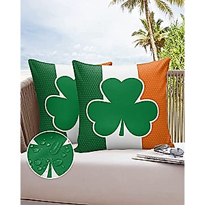 Vandarllin Outdoor Throw Pillows Covers 18X18 Set of 2 Waterproof Irish Flag Printed with Green Clover Leaf Decorative Zippered Lumbar Cushion Covers for Patio Furniture,