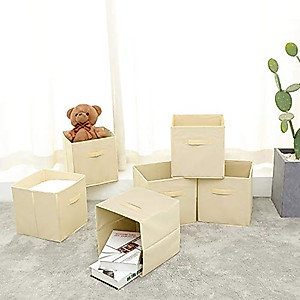 BASTUO Storage Bins 6-Pack Cloth Storage Cube with 2 Handles, Foldable Cube Organizer Basket for Kids Room, Closet and Toys Storage, Beige