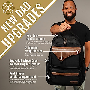 FlyDad - FirstBorn Men's Diaper Backpack, Stylish Diaper Backpack, Dad Diaper Bag, Mens Diaper Bag w/ 21 Compartments, Changing Mat, & Insulated Milk Pockets for Bottles (4oz), Brown Leather Accents