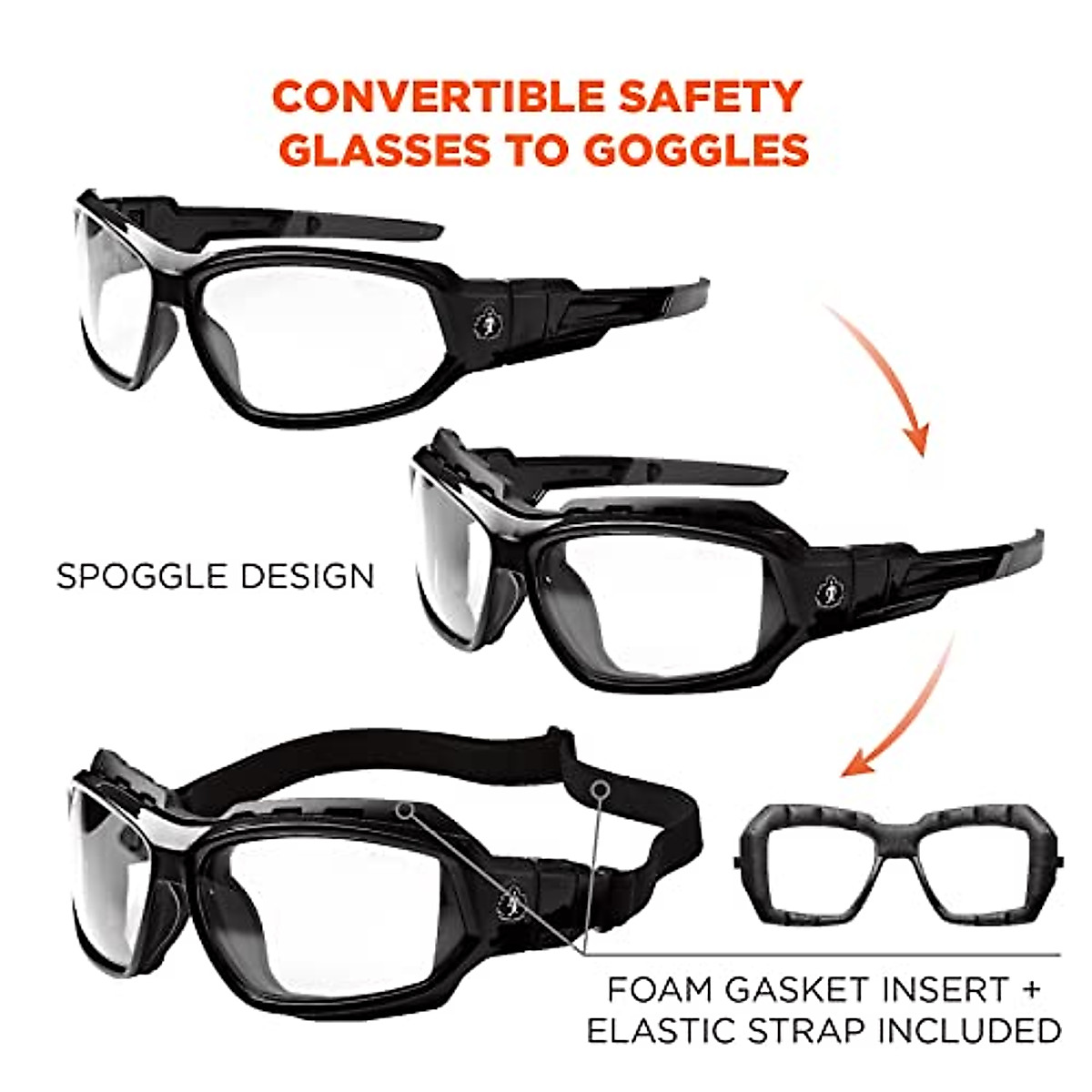 Ergodyne - 56003 Skullerz Loki Convertible Anti-Fog Safety Glasses, Clear Lens- Includes Gasket and Strap to Convert to Goggle Anti-fog Clear Lens, Black Frame