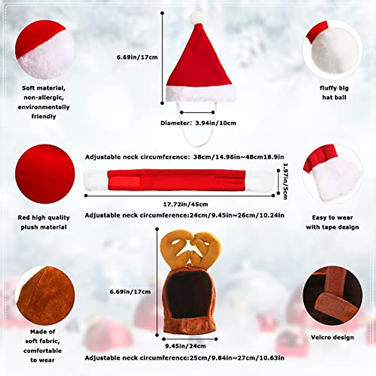 6 PCS Cat Christmas Outfit Cat Santa Hat with Scarf Cute Christmas Elk Antler Reindeer Cat Hat Green Santa Dog Hat Christmas Pet Costume Adjustable Puppy Dog Cap for Cat Costumes Xmas Party Supplies