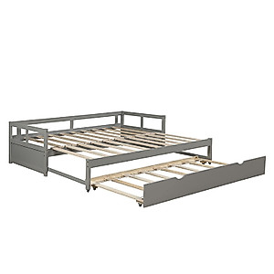 Wood Daybed with Pull Out Trundle, Extending Twin to King Daybed Frame for Boys/Girls/Teens/Adults, Tundle Daybed for Bedroom Dorm Small Place, No Box Spring Needed, Gray 78.1''L x 41.8''W x 23.2''H