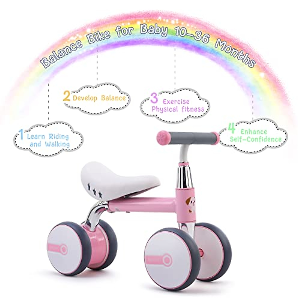 Baby Balance Bike Children Walker 36 Months Baby Bicycle No Padel Infant 4 Wheels Riding Toys for 3 Year Old Boys Girls (Pink)