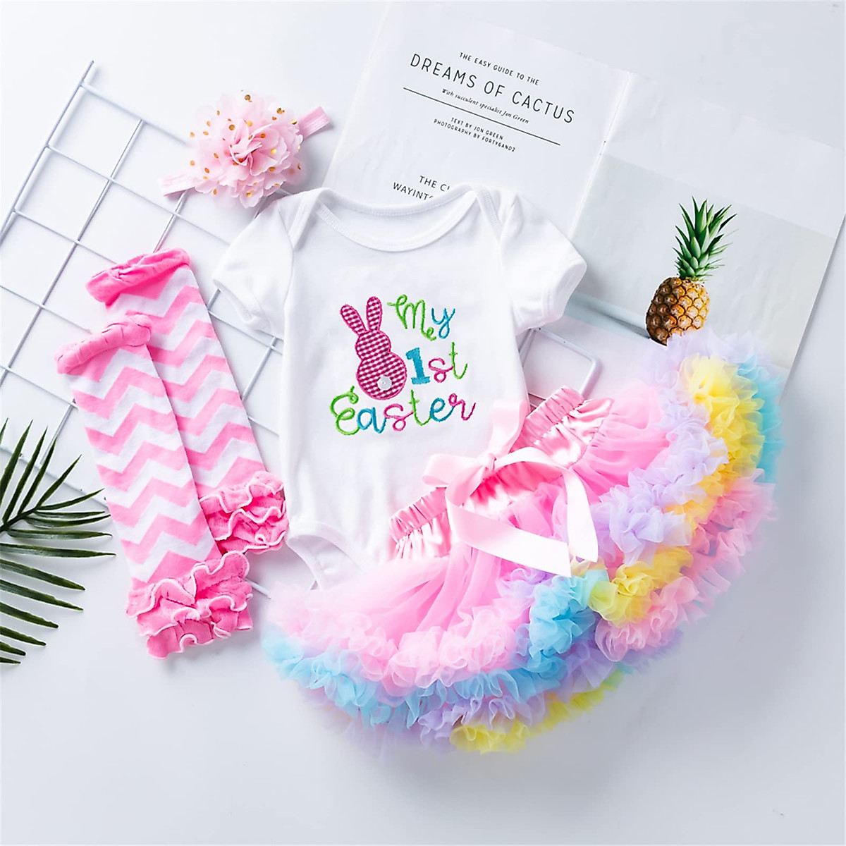 My First Easter Outfits Baby Girl Short Sleeve Rabbit Romper+Tutu Skirt+Headband+Leg Warmers Clothes Set (Pink, 0-3 Months)