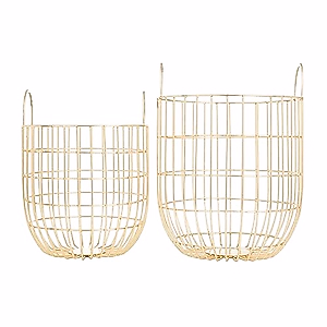 Deco 79 Contemporary Metal Round Storage Basket, Set of 2 13", 11"W, Gold