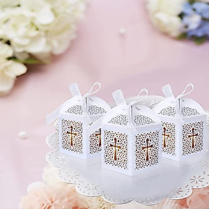 KPOSIYA 70 Pack Baptism Favor Boxes,Laser Cut Candy Boxes with Ribbons, Party Favor Small Gift Boxes for Baby Shower Baptism Decorations First Birthday Party Christening Favor (White-70)